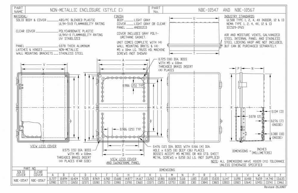 NBE-10547 and NBE-10567 Style E non-metallic enclosure drawing preview