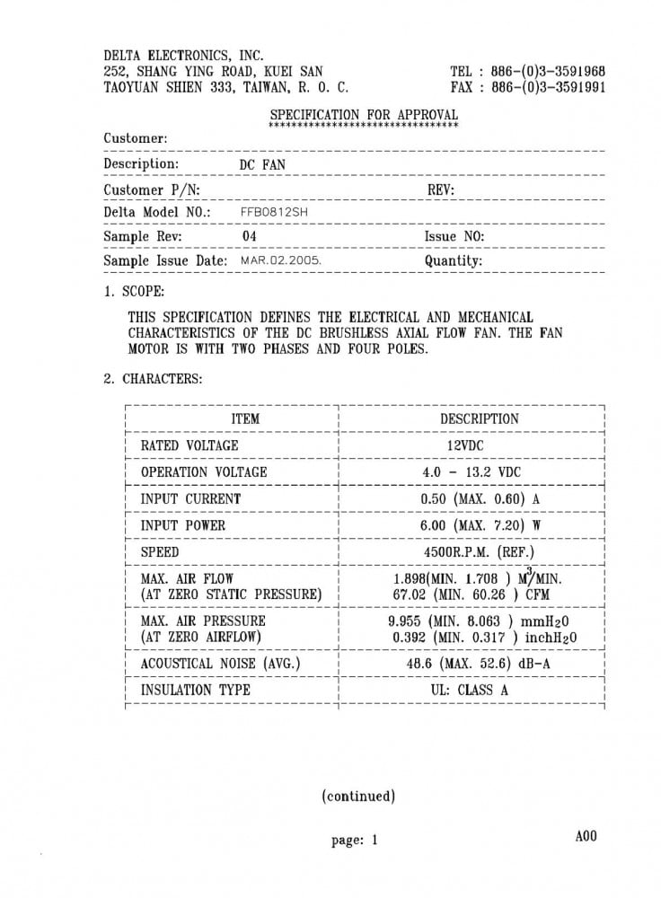 FFB0812SH specification page 1