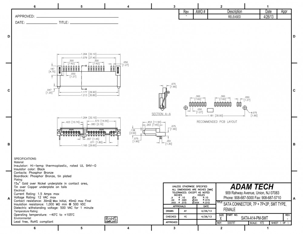 ADAM TECH SATA-A14-PM-SMT technical drawing preview