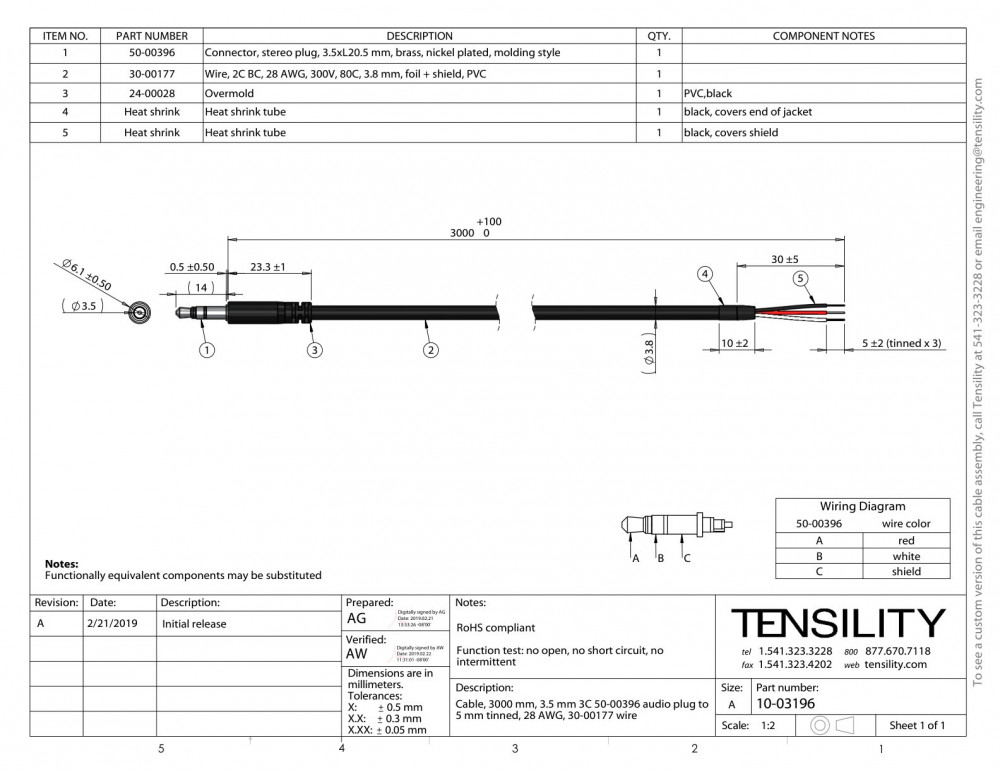 Tensility International 10-03196 cable assembly technical drawing