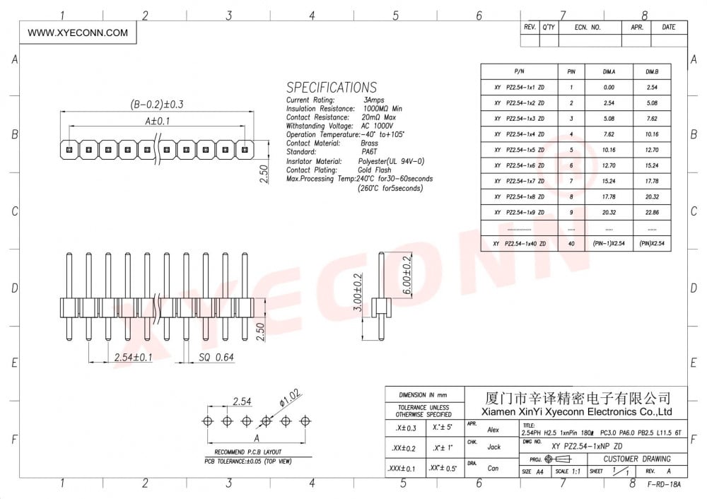XY PZ2.54-1x4P ZD technical drawing
