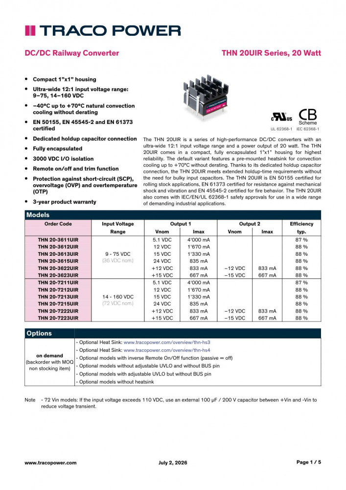 THN 20UIR technical document page 1