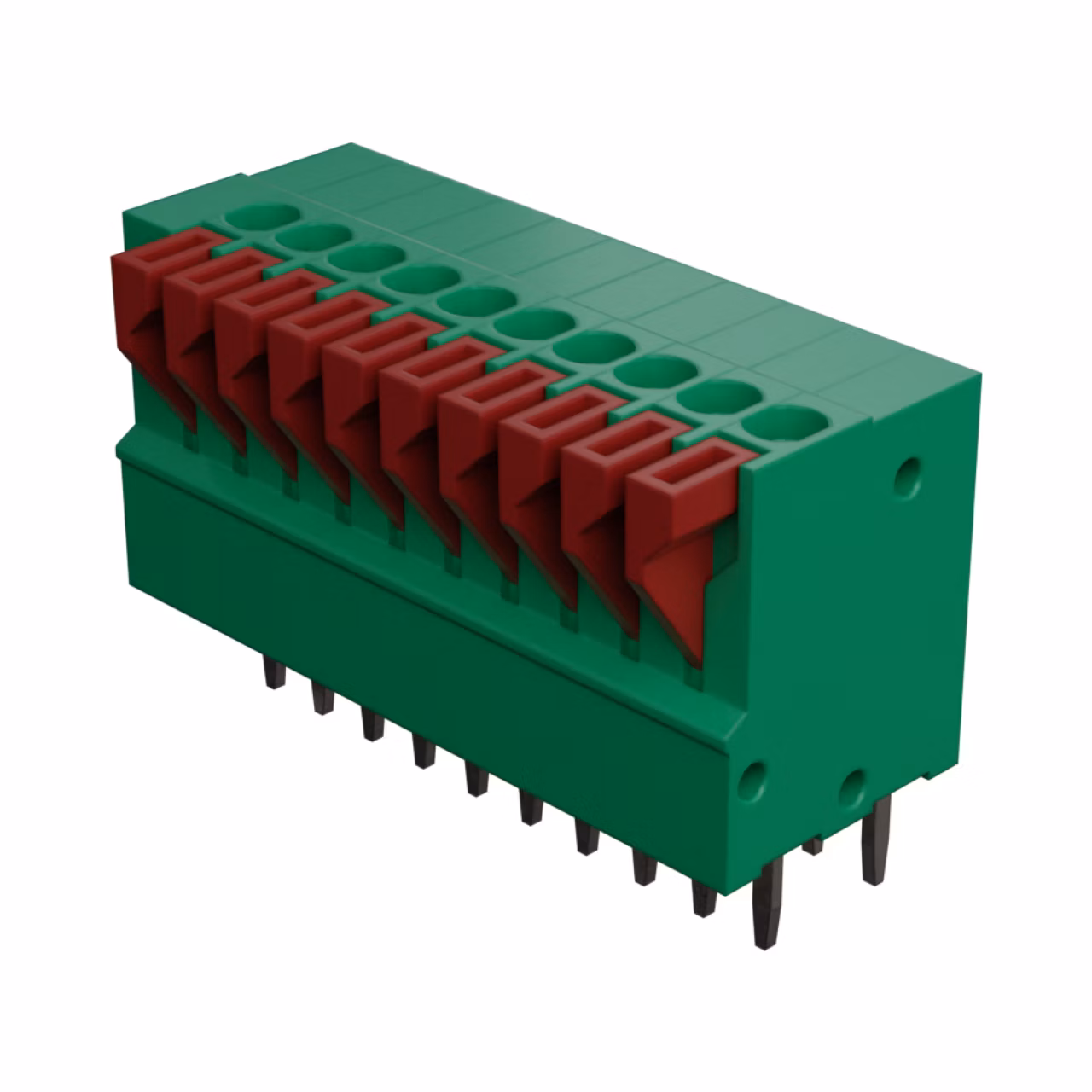 2.54mm Pitch, Eurostyle Fixed-Mount Push-Button Terminal Block, Vertical, 6A, 26-18 AWG, Green, 10 Circuits for sale