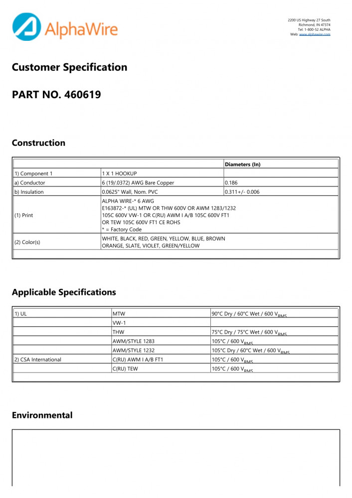 Alpha Wire 460619 specification page 1