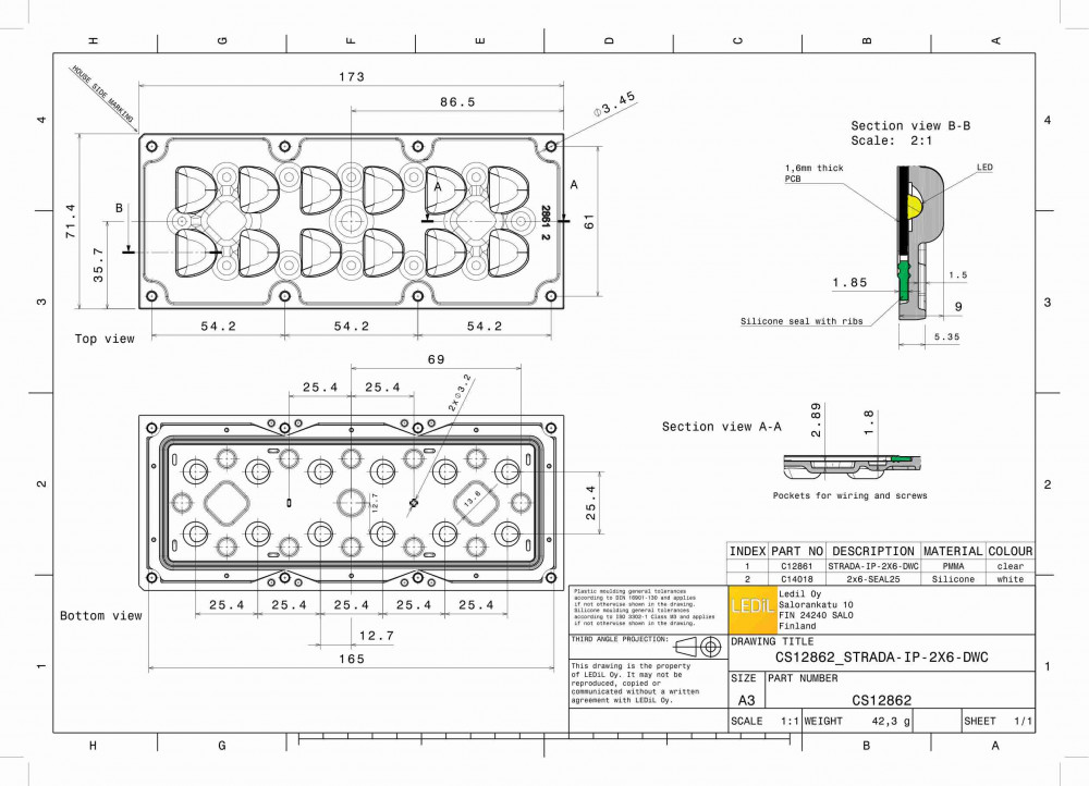 Supplied technical drawing image; source material identifies a LEDiL STRADA-IP-2X6-DWC assembly
