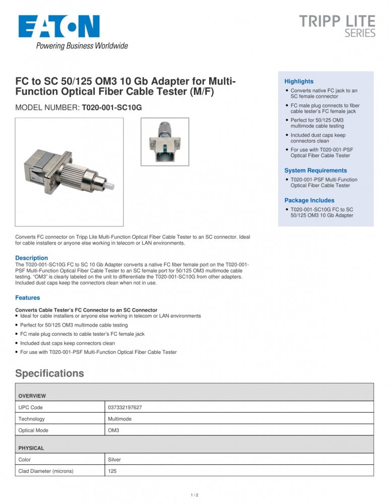 T020-001-SC10G product documentation page 1