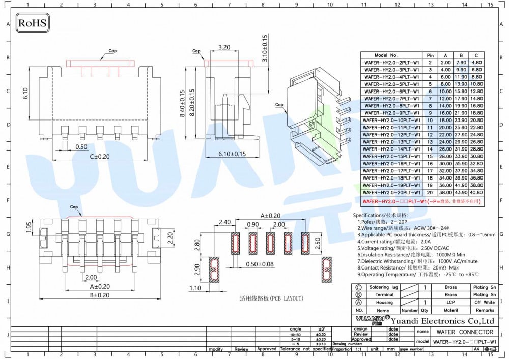 Yuandi WAFER-HY2.0-9PLT-W1 series technical drawing
