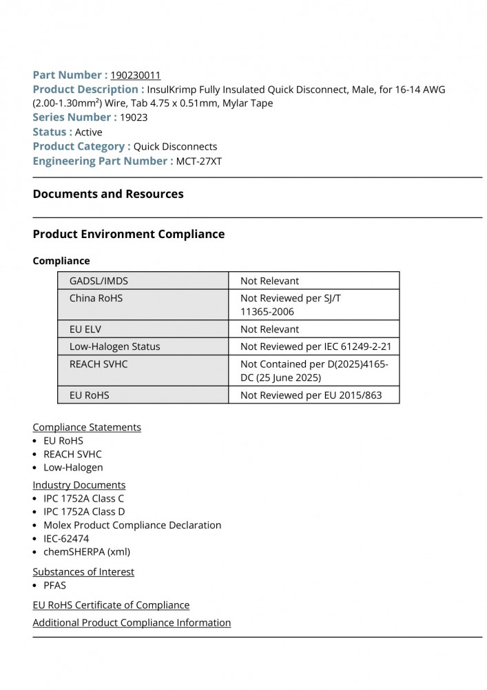 MOLEX 190230011 product document, page 1