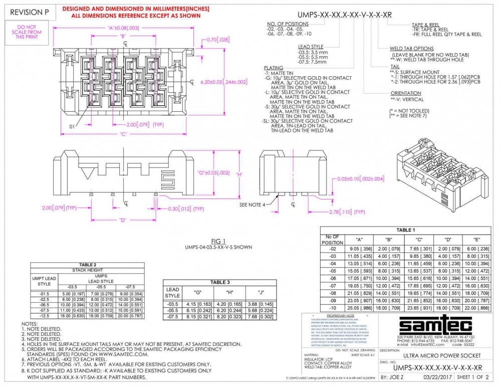 Samtec UMPS product drawing page 1