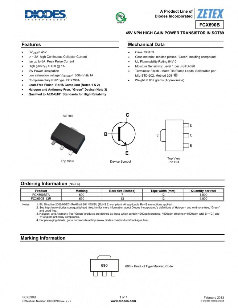 FCX690BTA datasheet page 1