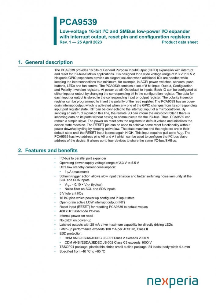 PCA9539 datasheet page 1