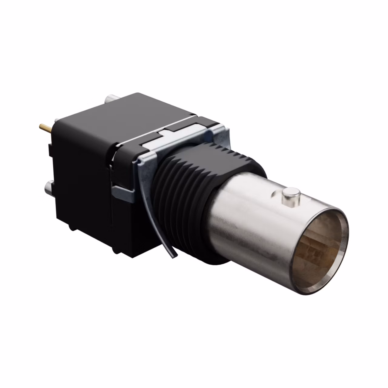 BNC Jack, Straight, Bulkhead Receptacle, PCB, Through Hole, Filtered, Panel Isolated, Black PBT Housing, Nut and Lockwasher Not Included,  75 Ohms for sale