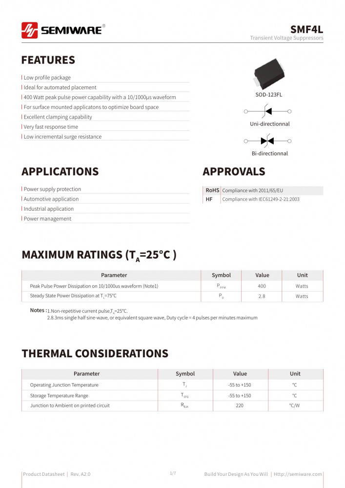SMF4L43CA datasheet preview, page 1
