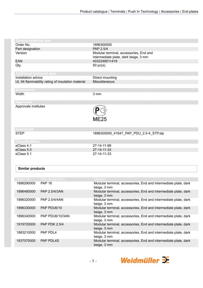 WEIDMULLER 1896300000 technical document preview