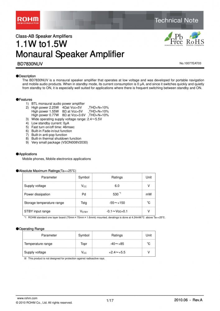 BD7830NUV-TR datasheet page 1