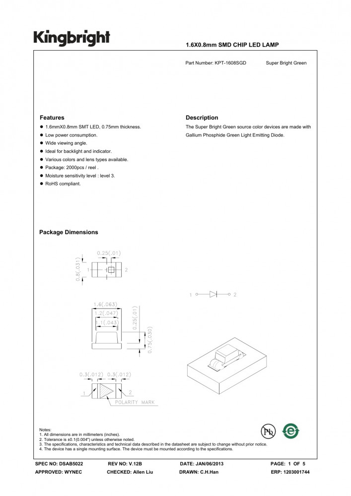 KPT-1608SGD datasheet page 1