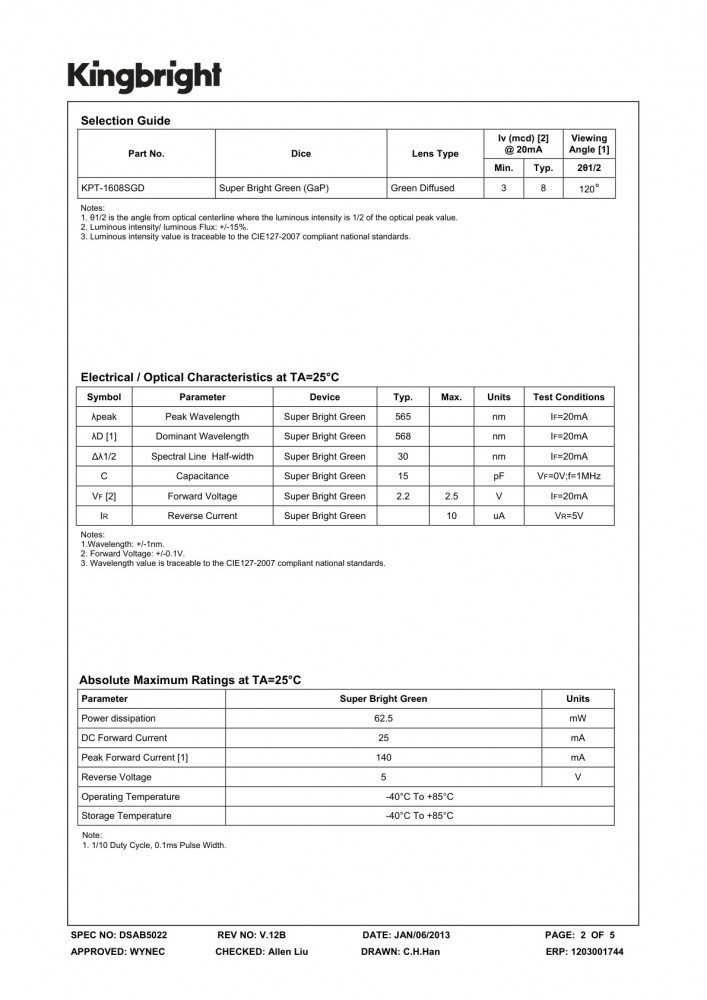 KPT-1608SGD datasheet page 2