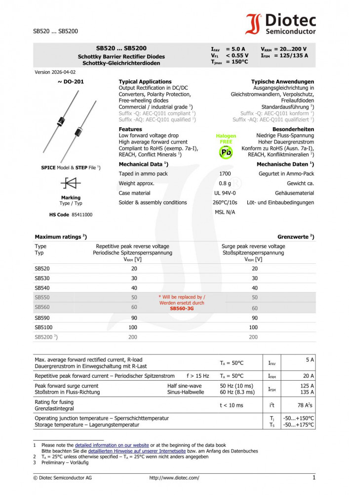 DIOTEC SB520 to SB5200 datasheet page 1