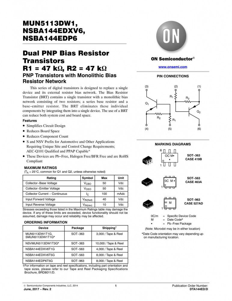 SMUN5113DW1T1G datasheet page 1