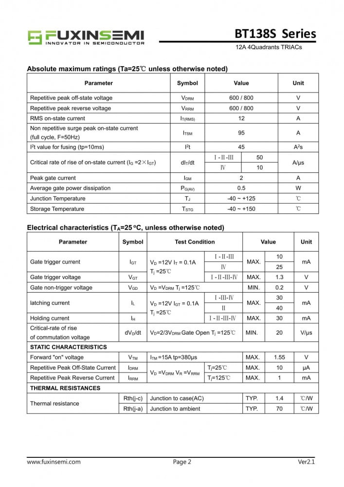 BT138S-800E datasheet page 2