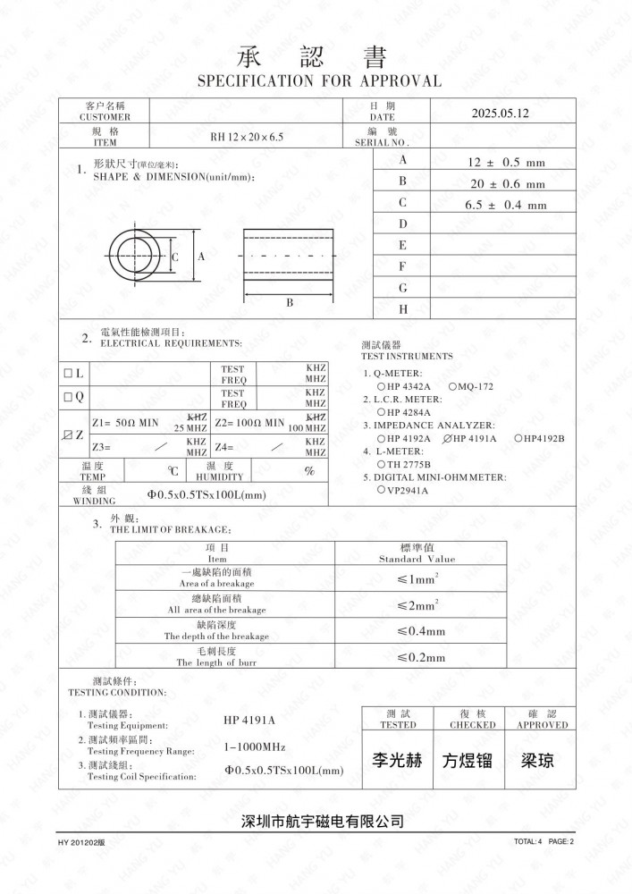 RH12×20×6.5 inspection data