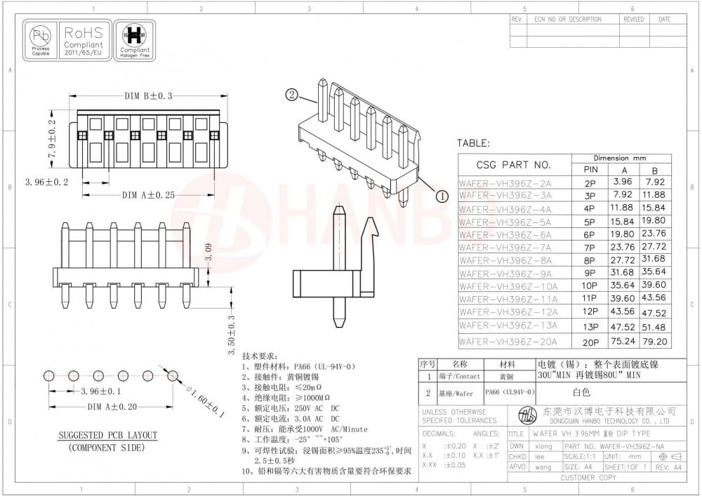 Hanbo Electronic WAFER VH396Z technical drawing
