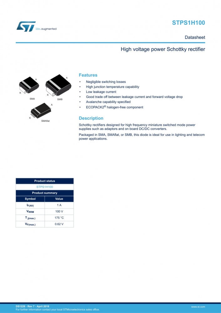 STPS1H100AF datasheet page 1