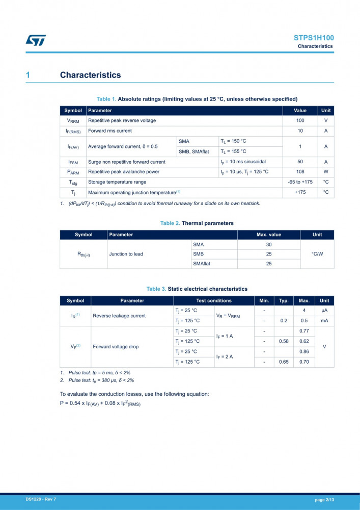 STPS1H100AF datasheet page 2