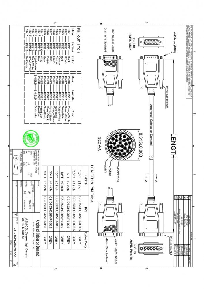 Amphenol CS-DSDHD26MF0-025 technical drawing