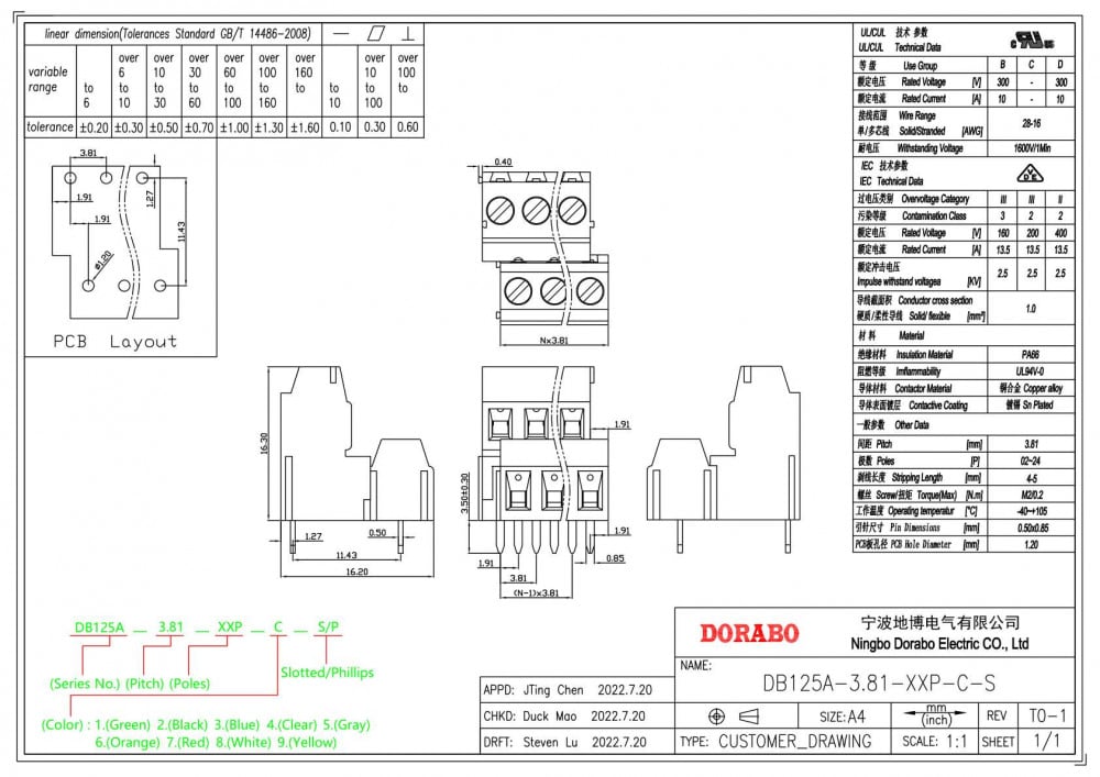 DORABO DB125A-3.81-2*3P-GN-S technical drawing preview
