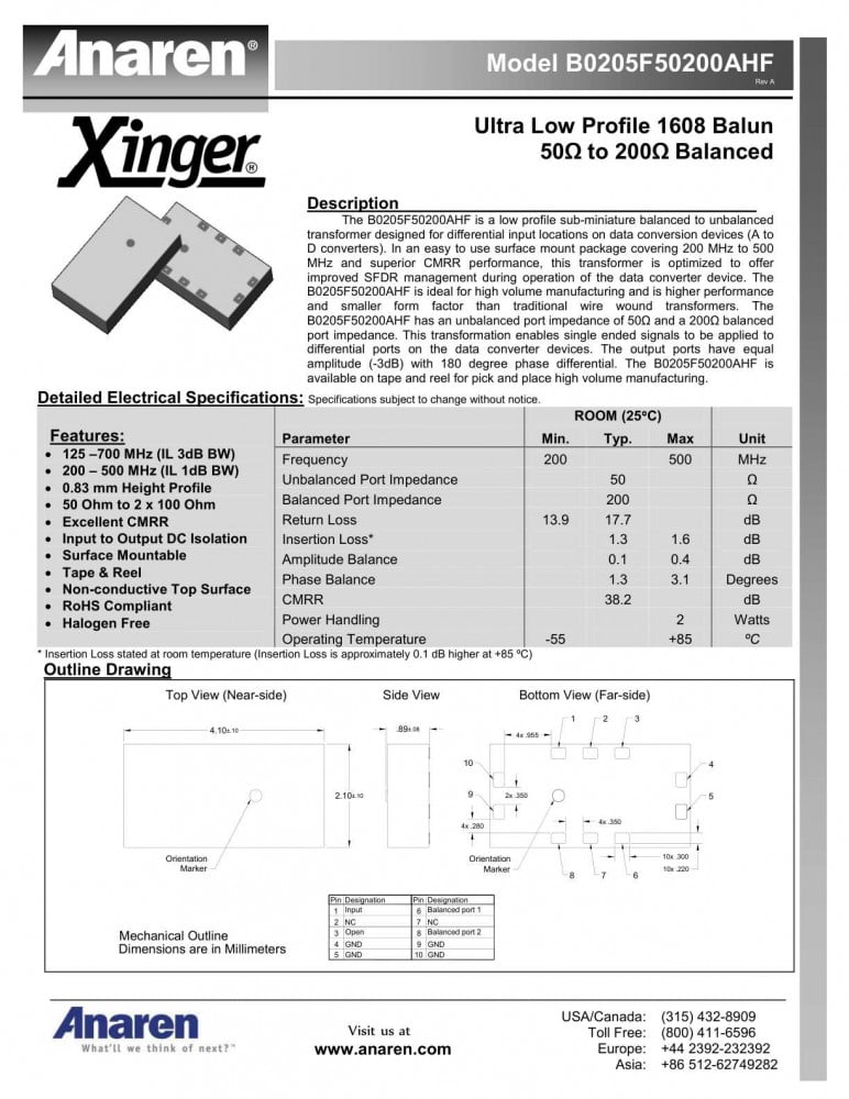 B0205F50200AHF technical document page 1