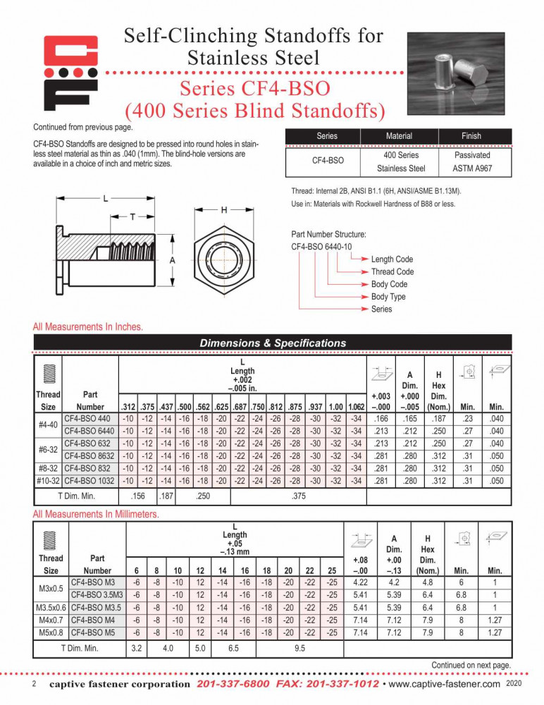 CF4 stainless steel self-clinching standoff document, page 2