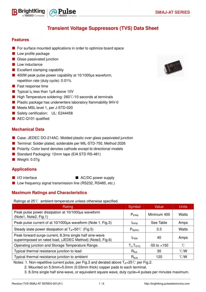 SMAJ series datasheet page 1