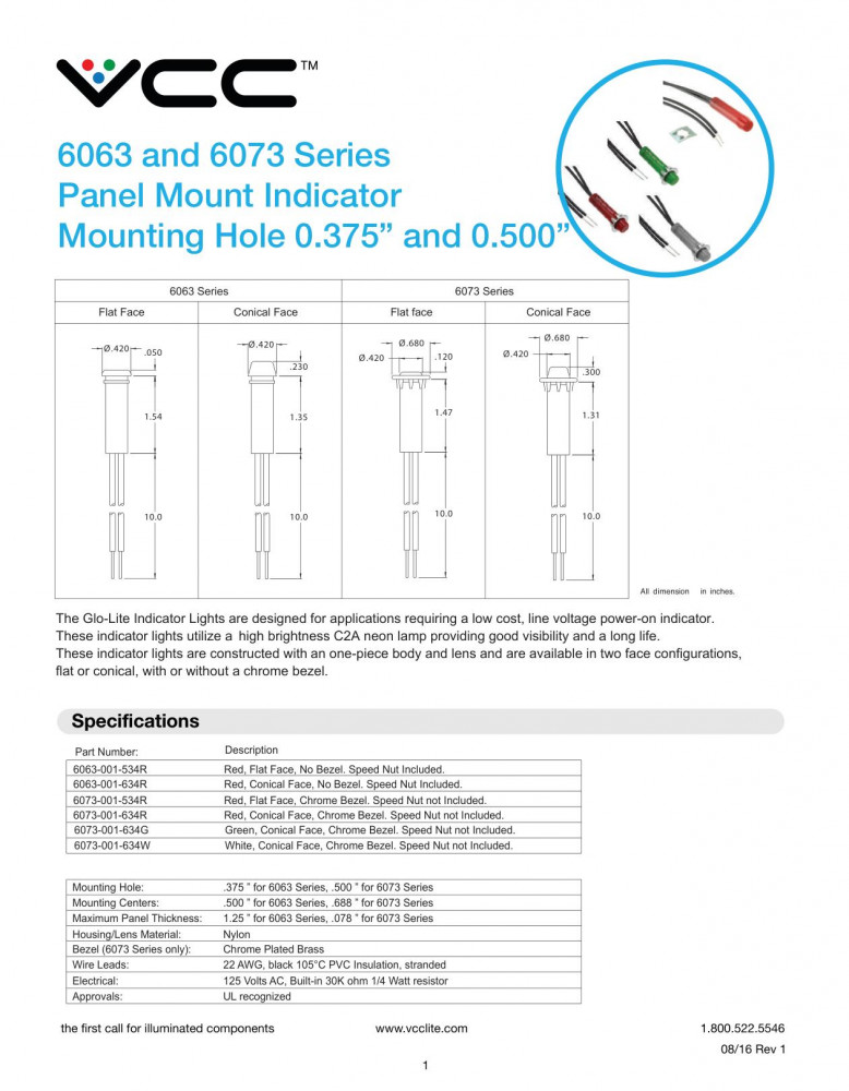 VCC 6063 and 6073 series panel mount indicator technical document, page 1