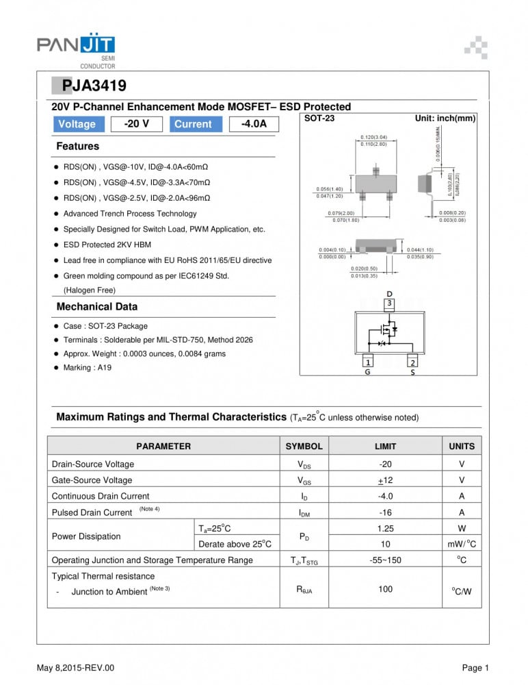 PJA3419 datasheet page 1