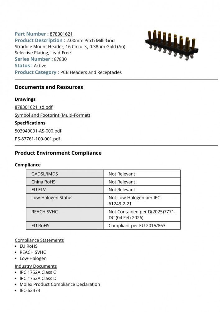 MOLEX 878301621 technical document preview, page 1