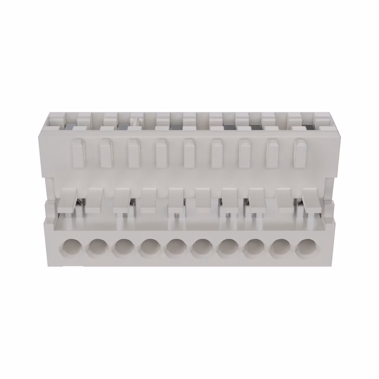 Appli-Mate RAST 2.5 IDT Housing, 2.50mm Pitch, Female, 10 Circuits, Beaded Terminal, Position Keys A & K Removed, Slotted Endwalls, Polarizing Rib Between Circuits 3 & 4, Voided Circuits 2, 4, 6, & 9 for sale