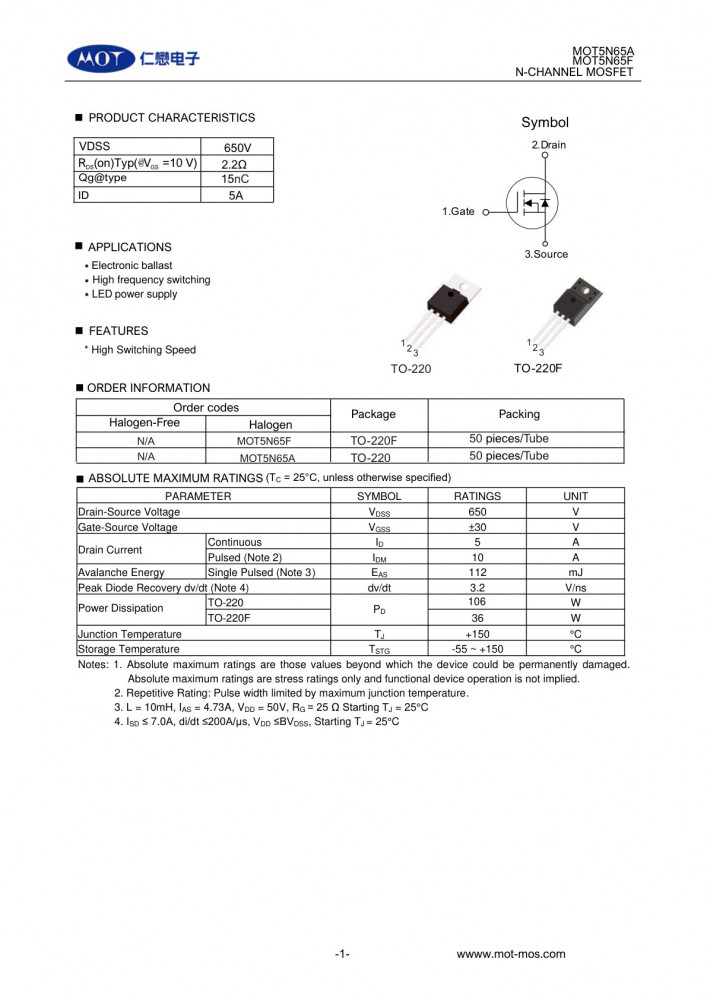 MOT5N65A datasheet page 1