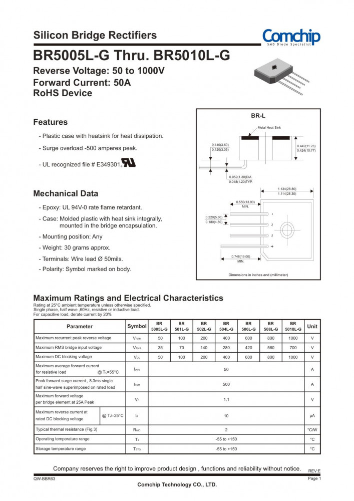 Comchip BR5005L-G through BR5010L-G datasheet page 1