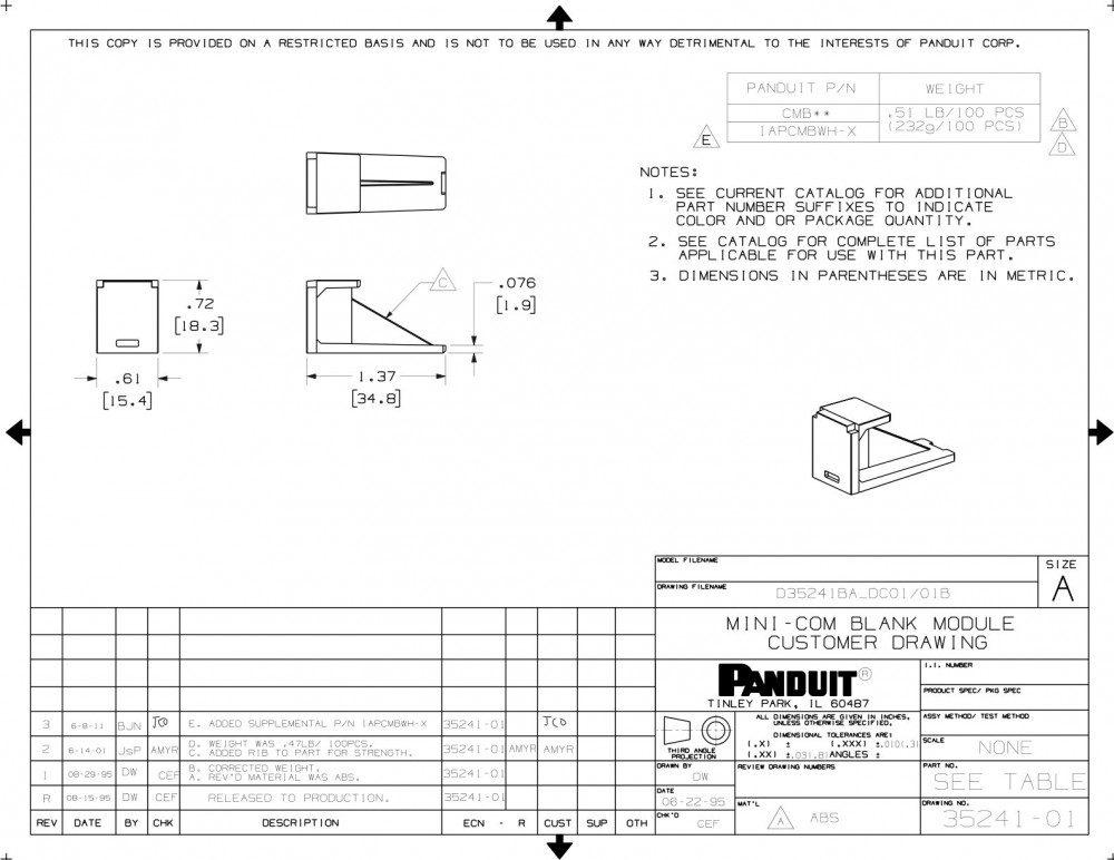 CMBWH-X Mini-Com blank module technical drawing