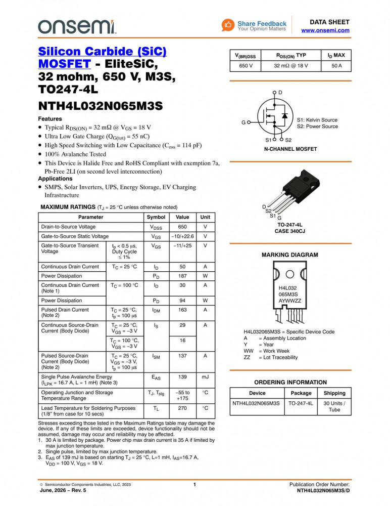 NTH4L032N065M3S datasheet preview, page 1