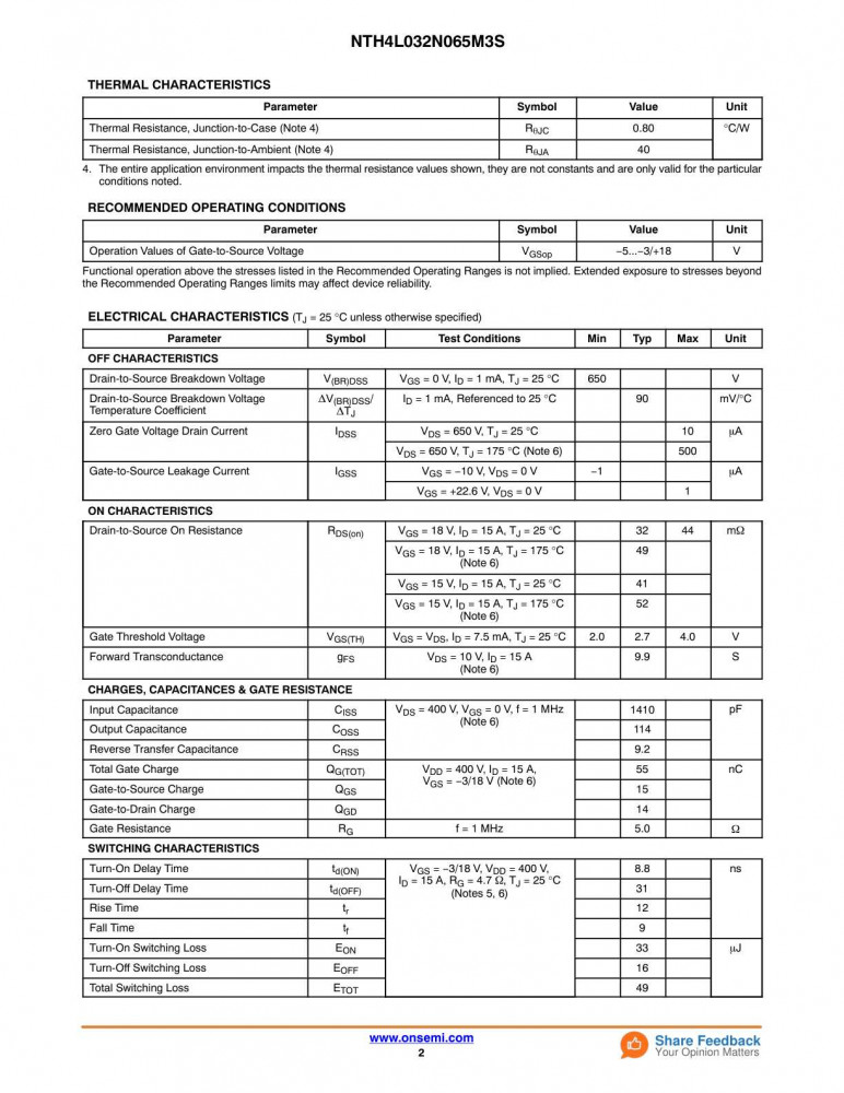 NTH4L032N065M3S datasheet preview, page 2