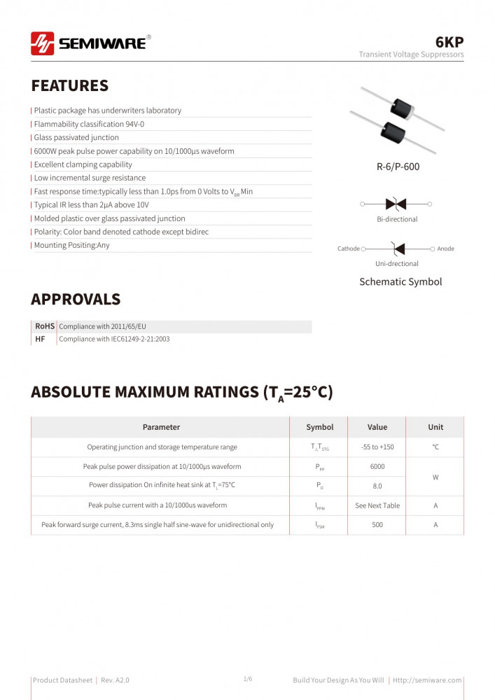 SEMIWARE 6KP36A datasheet page 1