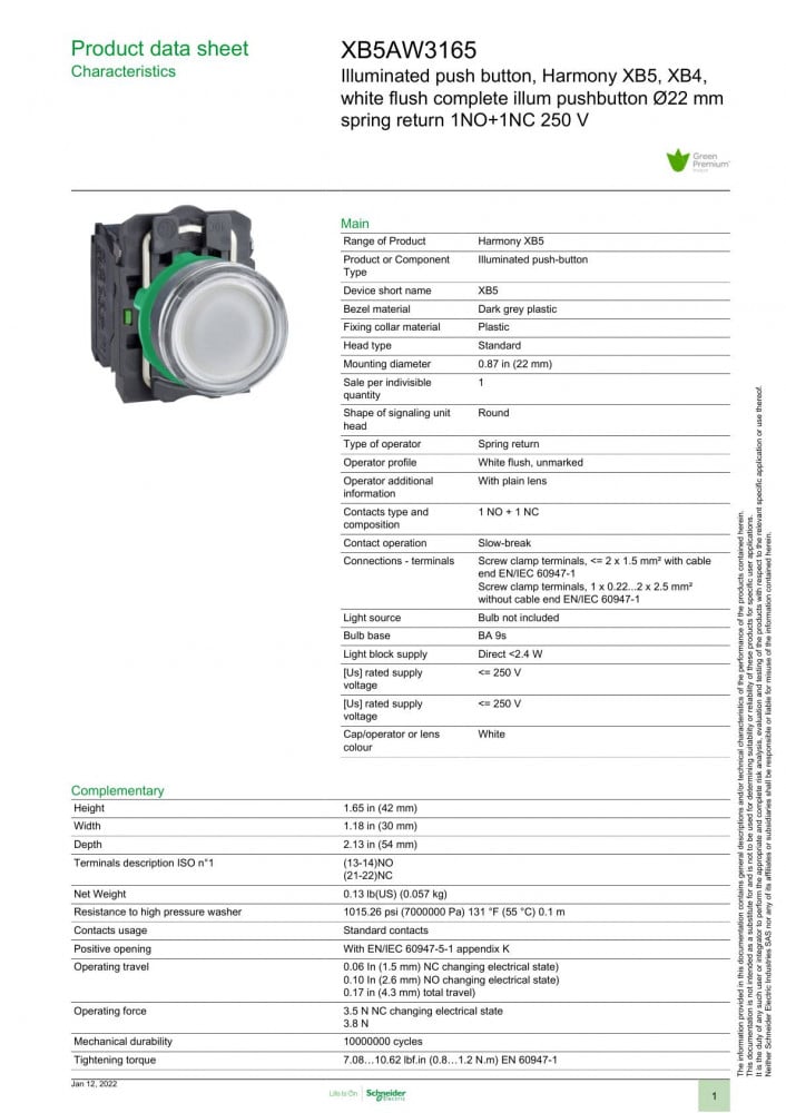 XB5AW3165 technical document page 1