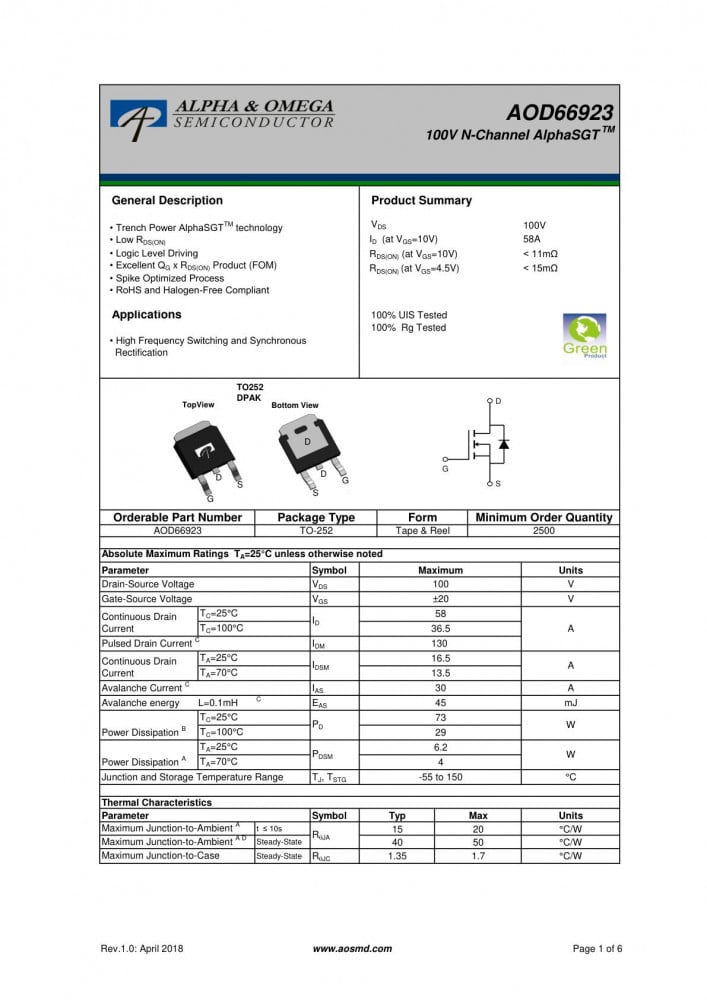 AOD66923 datasheet page 1