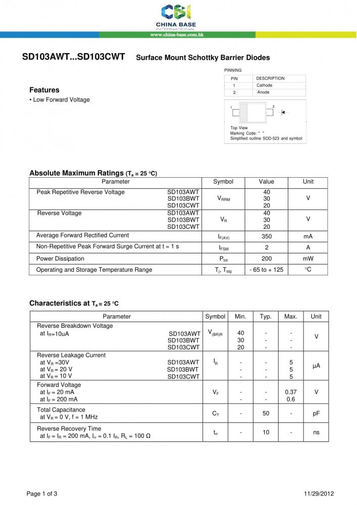 SD103AWT datasheet page 1
