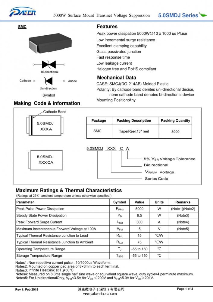 PAKER 5.0SMDJ series datasheet page 1