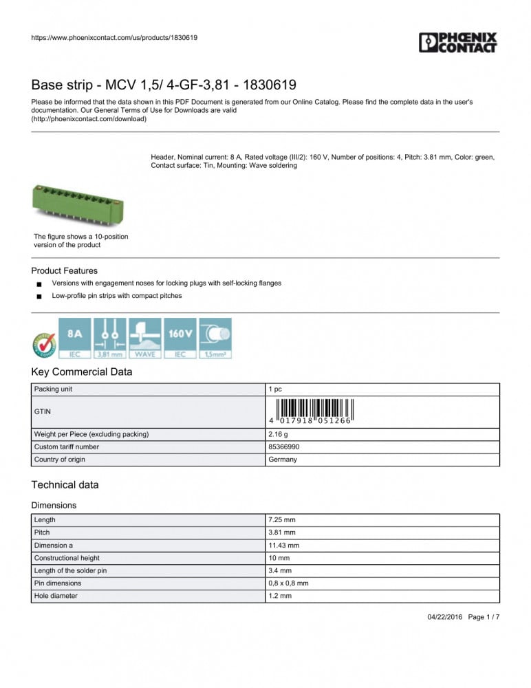 Phoenix Contact 1830619 product documentation page 1