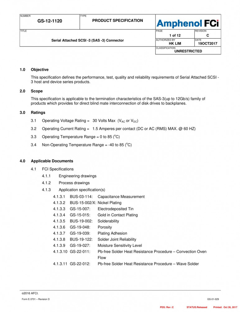 Amphenol SAS-3 connector specification page 1