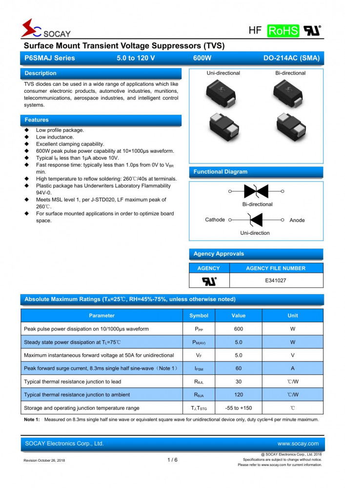 P6SMAJ series datasheet page 1
